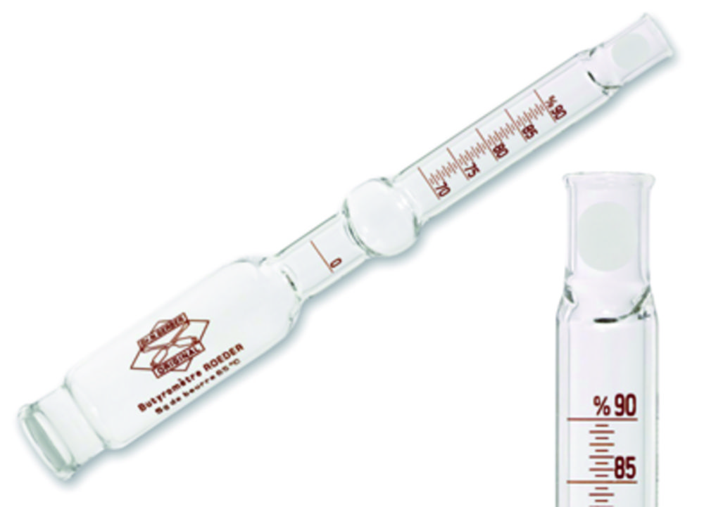 Butter butyrometer 0 - 100% : 1 with rubber stopper and glass beaker ...