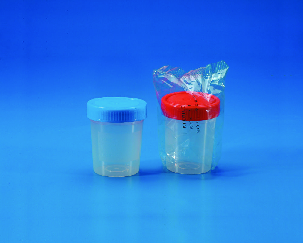 Urine container 150 ml, red with screw cap and label sterile, pack of ...