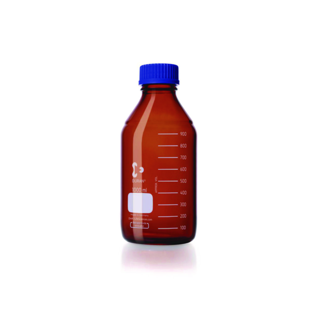 Laboratory bottle 1000 ml, amber glass GL45, with cap and pouring ring ...