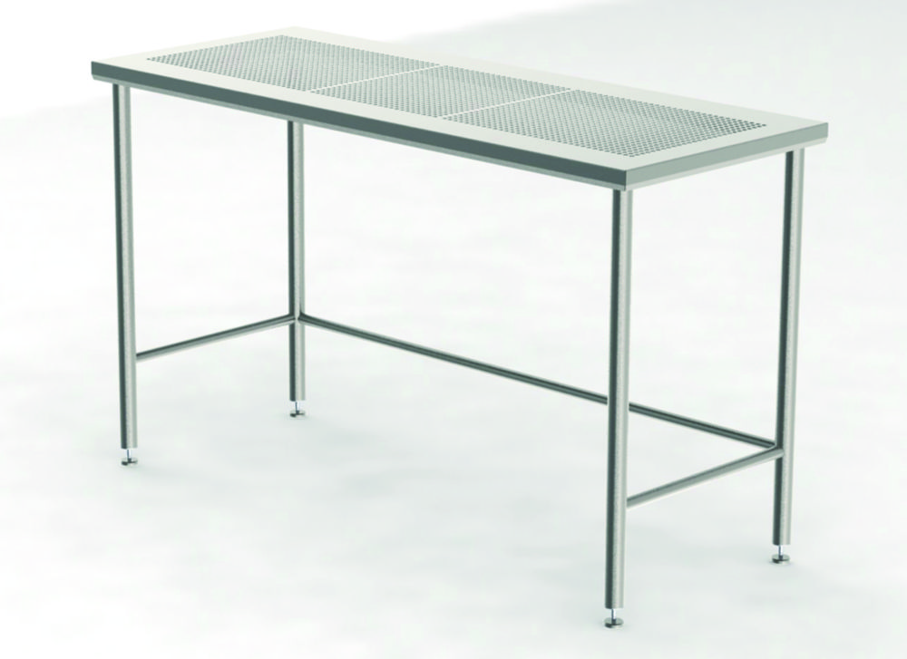 Cleanroom table with perforated worktop and perforated shelf, 1600 x ...