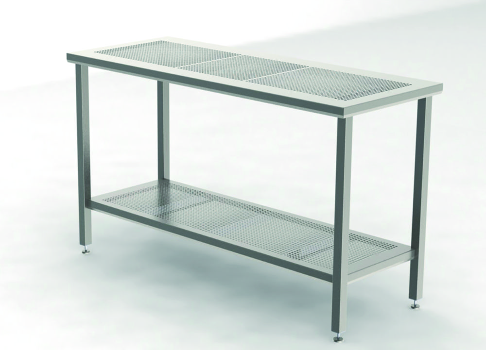 Cleanroom table with perforated worktop and perforated shelf, 1600 x ...