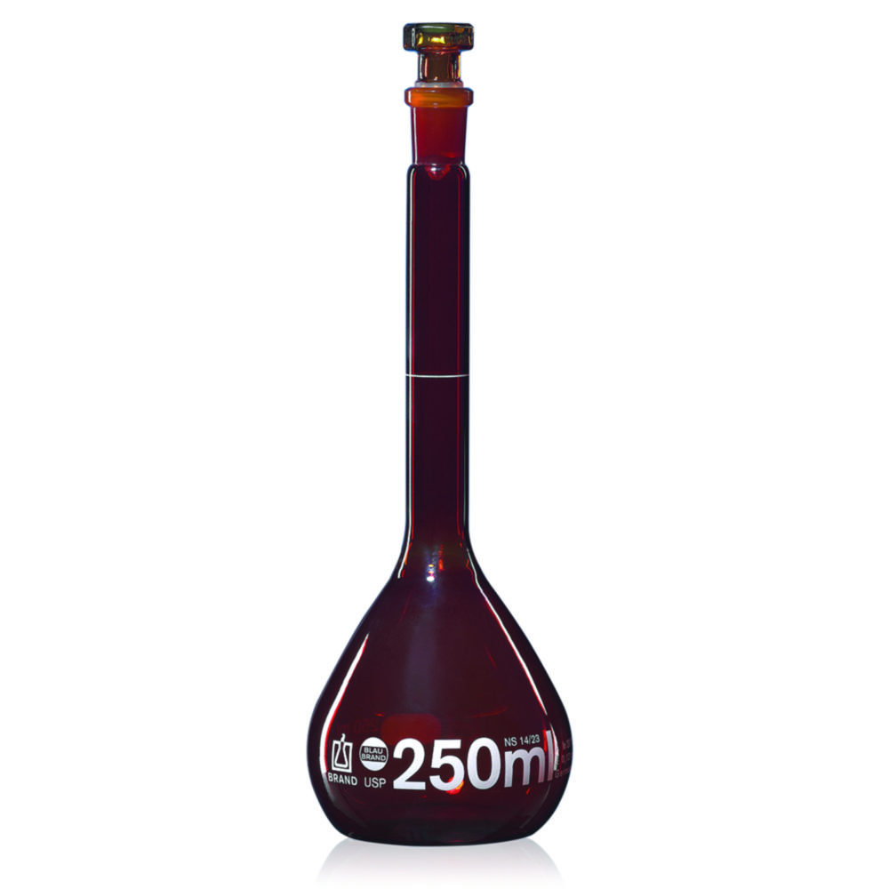 Volumetric flasks, USP, BLAUBRAND®, class A, DE-M, amber, 200 ml, NS 14 ...