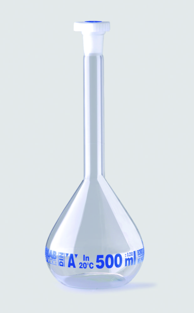 ISOLAB Volumetric Flask 2000 mL, Clear Glass, PE Stopper, Blue Scale ...
