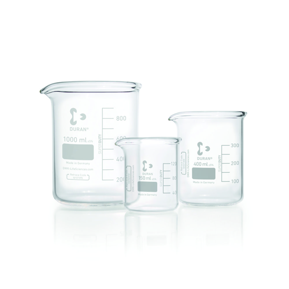 DWK DURAN Super Duty Beaker, 250 ml, Low Form, with Division and Drain | LabFriend Singapore