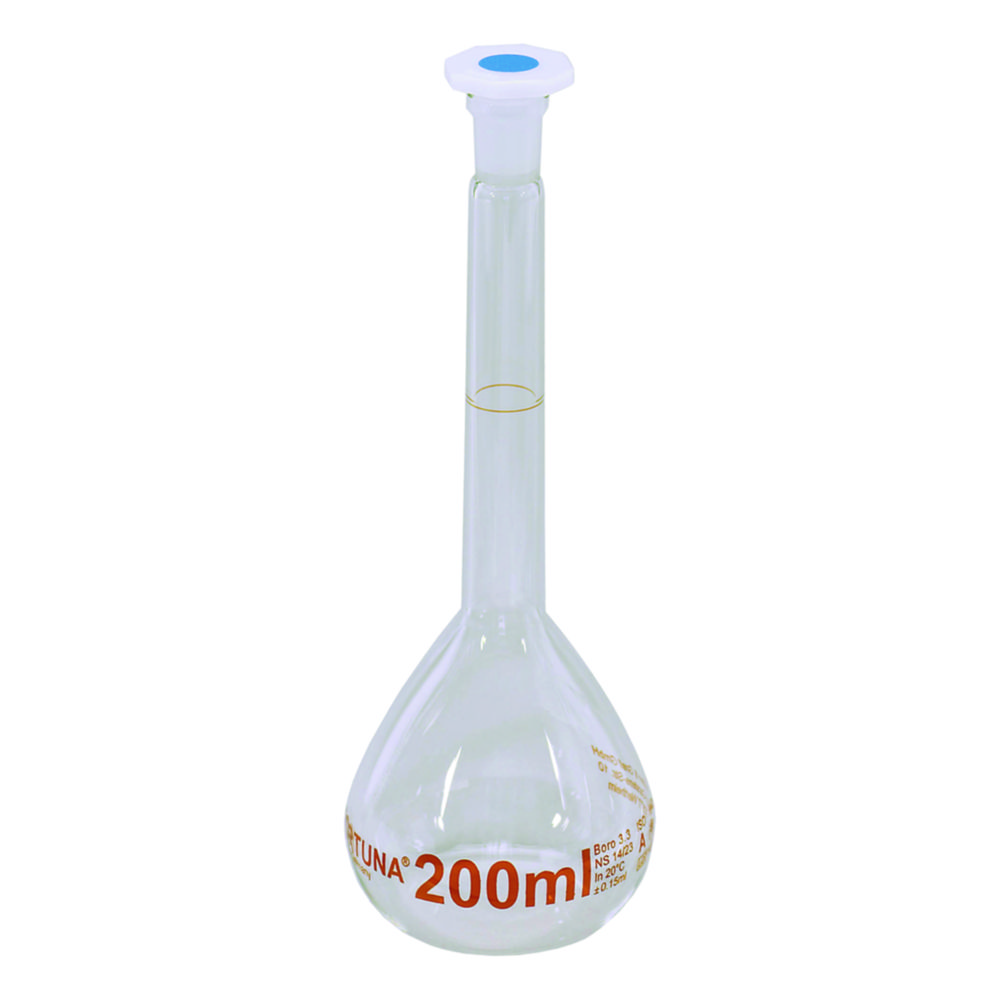 Volumetric flask 200 ml NS 14,5 class A, boro'glass, with PP-stopper ...