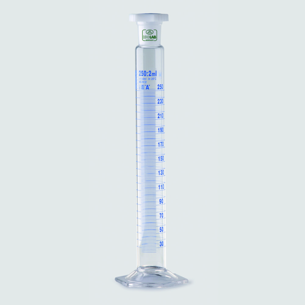ISOLAB Mixing Cylinder 100 mL, Tall Form Glass, PP Stopper, Blue Scale ...